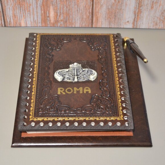 Office | Desk Note Pad Set With Pen Leather Covering Says Roma On Front ...